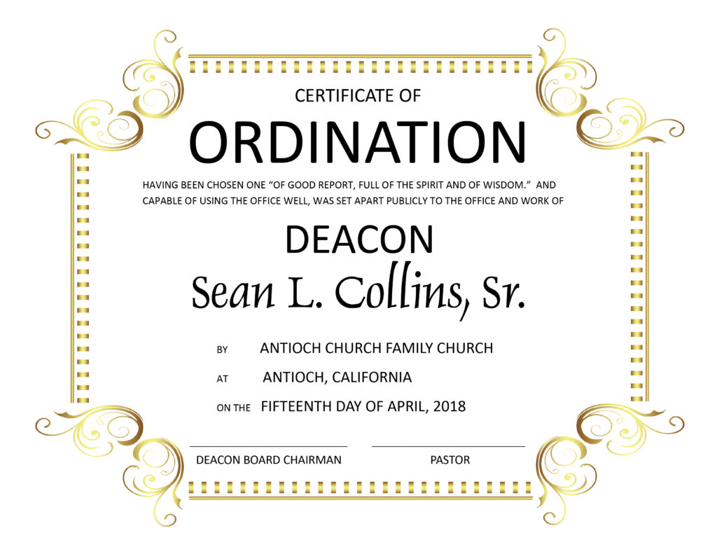 Sample Ordination Certificate
